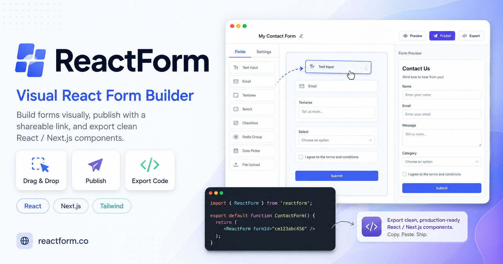 ReactForm – Visual React Form Builder (No Code)